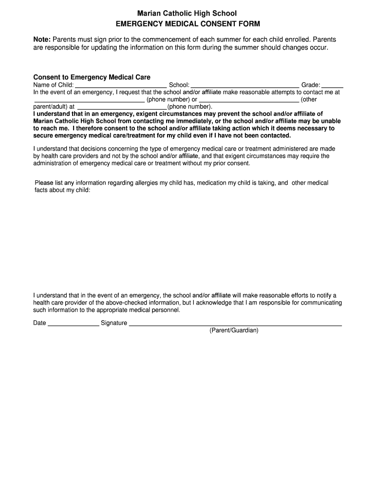 Fillable Online EMERGENCY MEDICAL CONSENT FORM - bmarianchscomb Fax ...