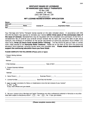 Fillable Online mft ky KENTUCKY BOARD OF LICENSURE OF MARRIAGE AND ...