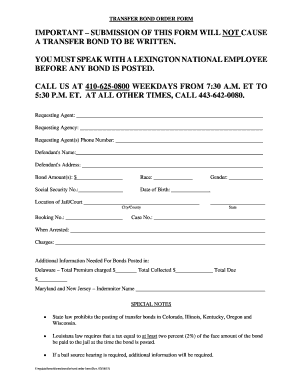 Fillable Online TRANSFER BOND ORDER FORM - Lexington National Surety ...