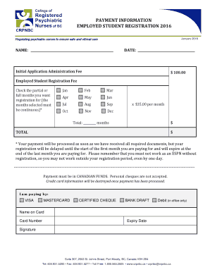 Fillable Online PAYMENT INFORMATION EMPLOYED STUDENT REGISTRATION 2016 ...