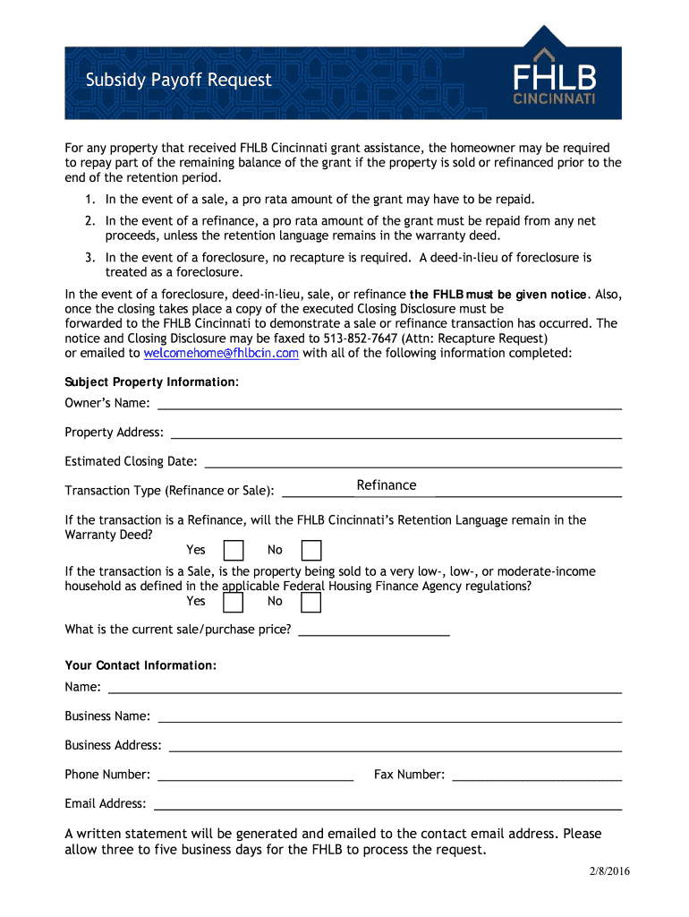 Fillable Online Subsidy Payoff Request - fhlbcincom Fax Email Print - pdfFiller