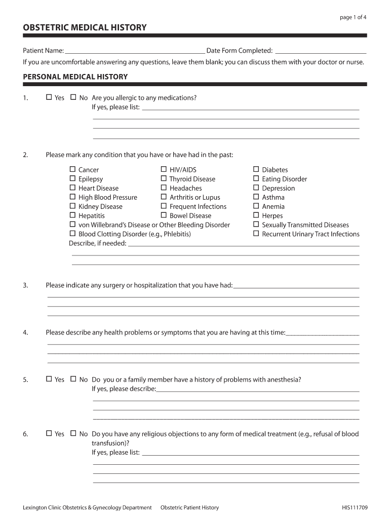 Fillable Online Obstetric Medical HistOry - Lexington Clinic Fax Email ...