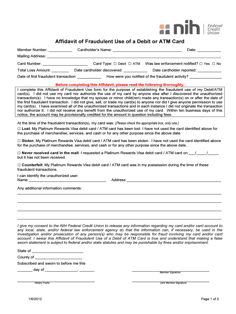 Fillable Online nihfcu Affidavit of Fraudulent Use - NIH Federal Credit ...