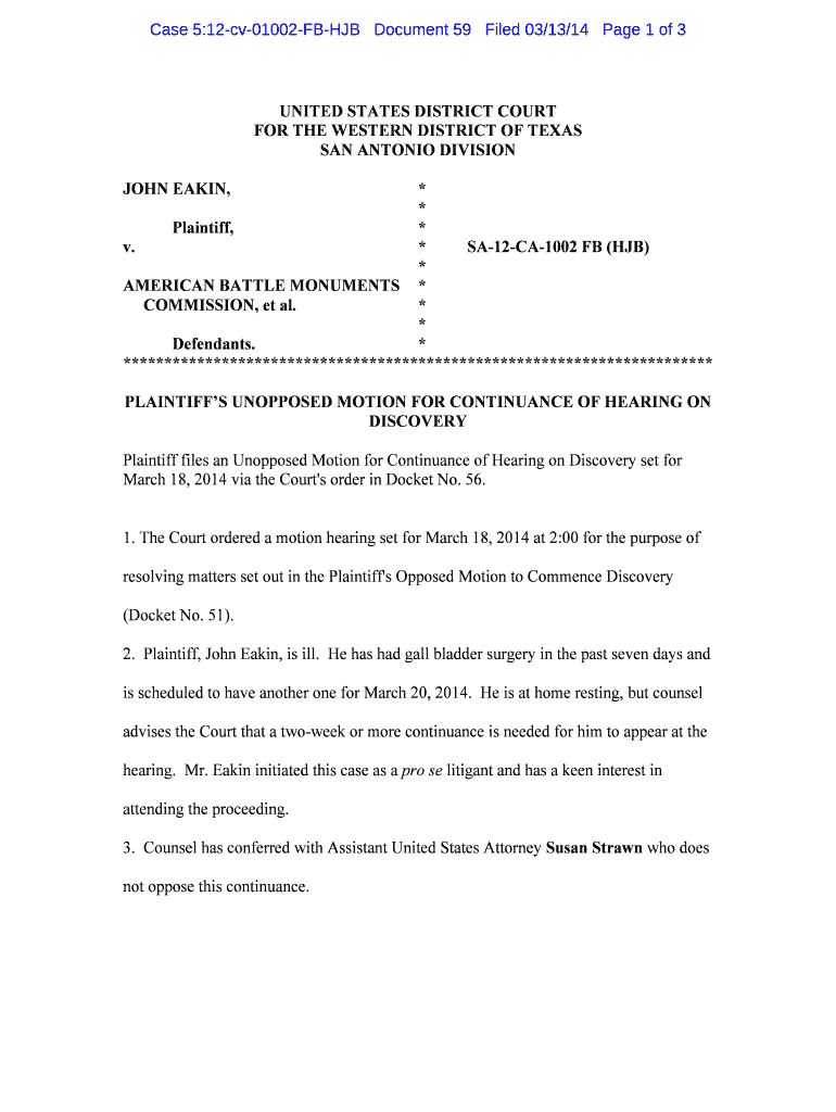 Fillable Online Unopposed Motion for Continuance - Bataan Missing Fax Email Print - pdfFiller
