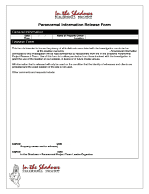 Fillable Online Paranormal Information Release Form - the Dimension ...