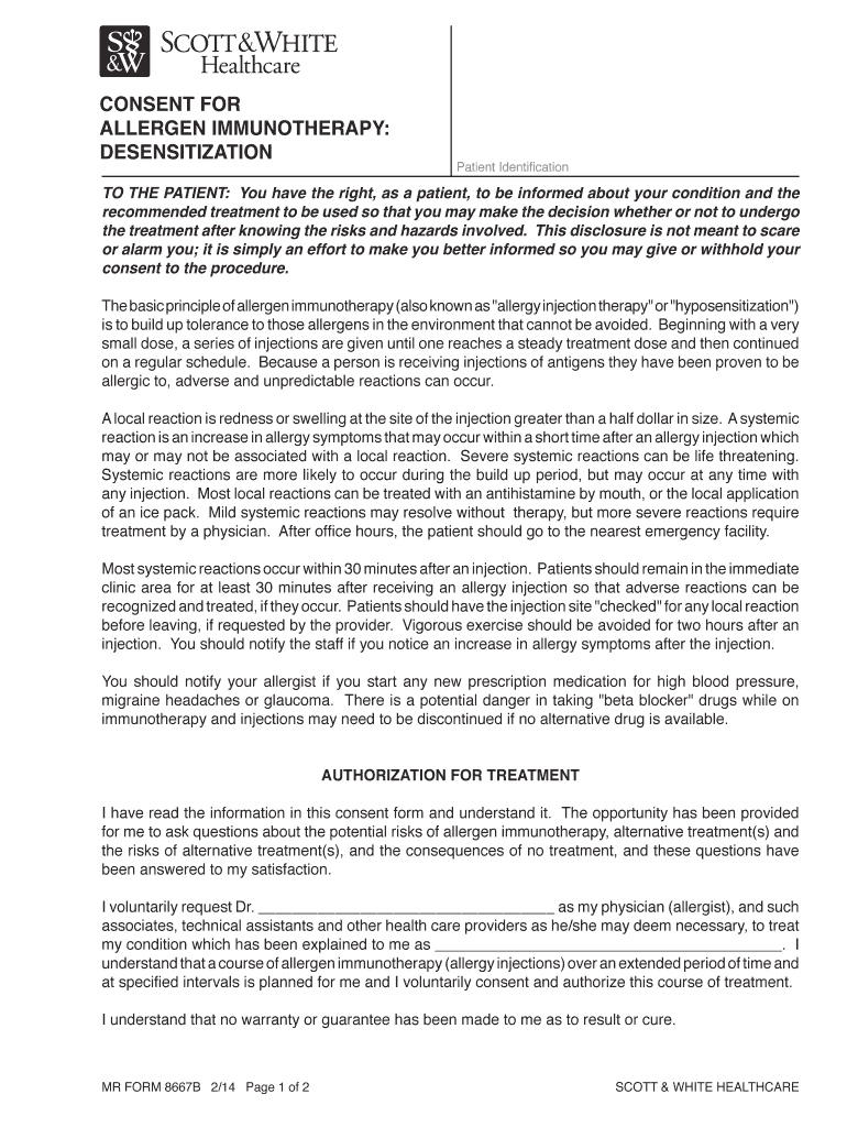 Fillable Online sw CONSENT FOR ALLERGEN IMMUNOTHERAPY DESENSITIZATION Fax Email Print - pdfFiller