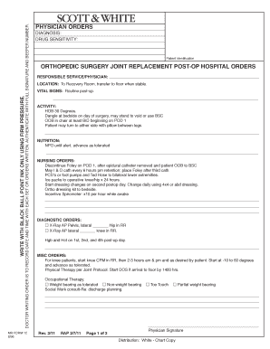 Fillable Online sw ORTHOPEDIC SURGERY JOINT REPLACEMENT POST-OP ...