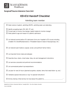 Fillable Online sw ED-ICU Handoff Checklist Fax Email Print - pdfFiller