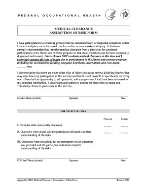 Fillable Online foh hhs MEDICAL CLEARANCE ASSUMPTION OF RISK FORM Fax ...