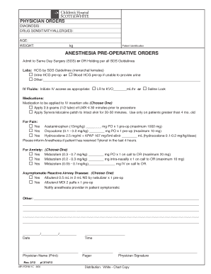 Fillable Online sw WEIGHT kg ANESTHESIA PRE-OPERATIVE ORDERS Fax Email ...