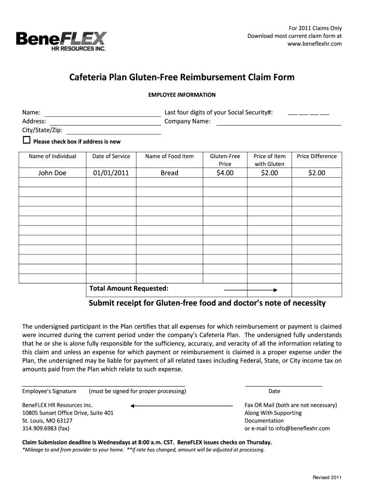 Fillable Online Cafeteria Plan Gluten Free Reimbursement Claim Form Fax ...