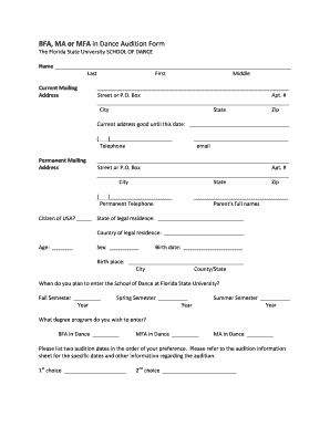 Fillable Online dance fsu BFA MA or MFA in Dance Audition Form Fax ...