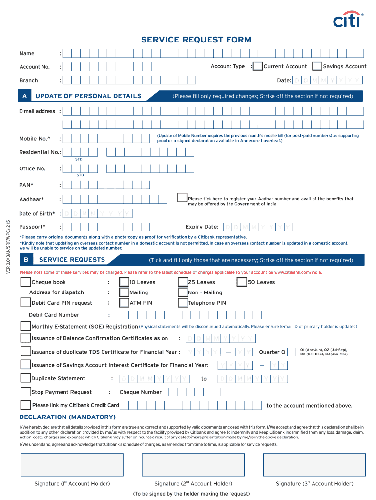 Fillable Online citibank Service Request Form - Citibank Fax Email ...