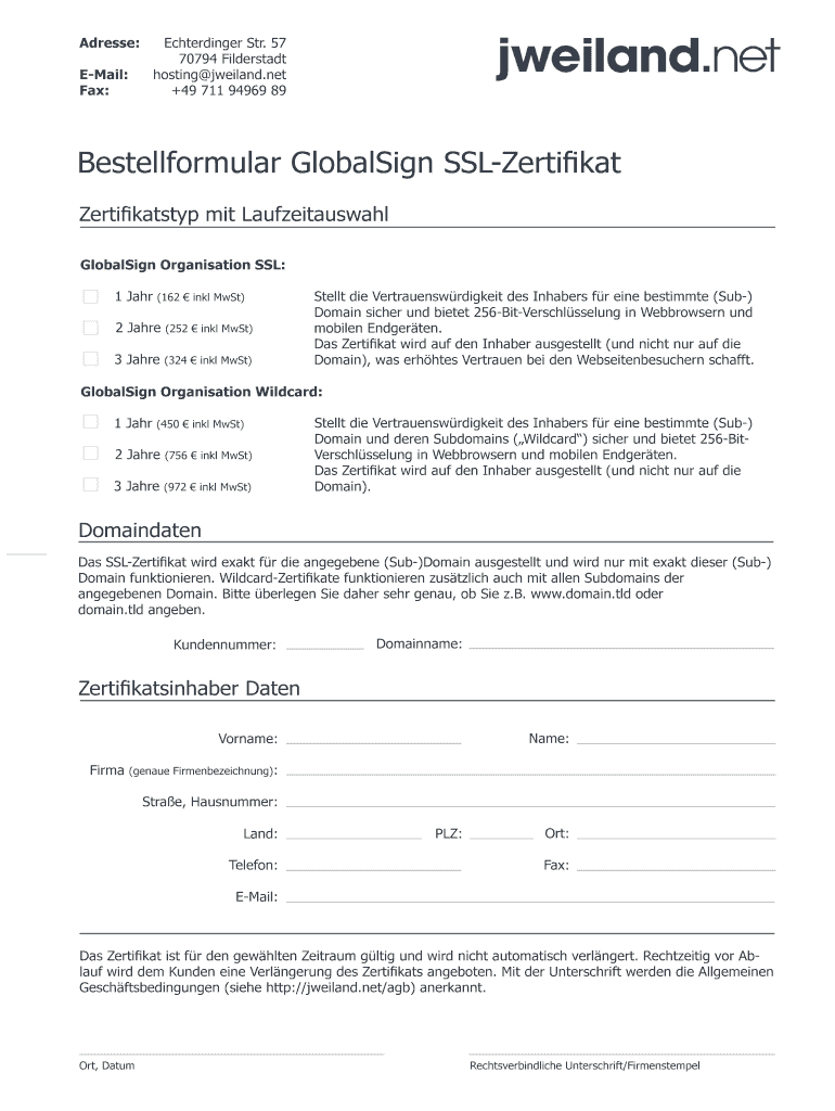 Fillable Online jweiland GlobalSign Organisation SSL - jweiland Fax ...