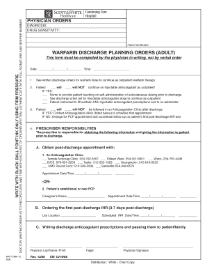 Fillable Online sw Patient Identification WARFARIN DISCHARGE PLANNING ...