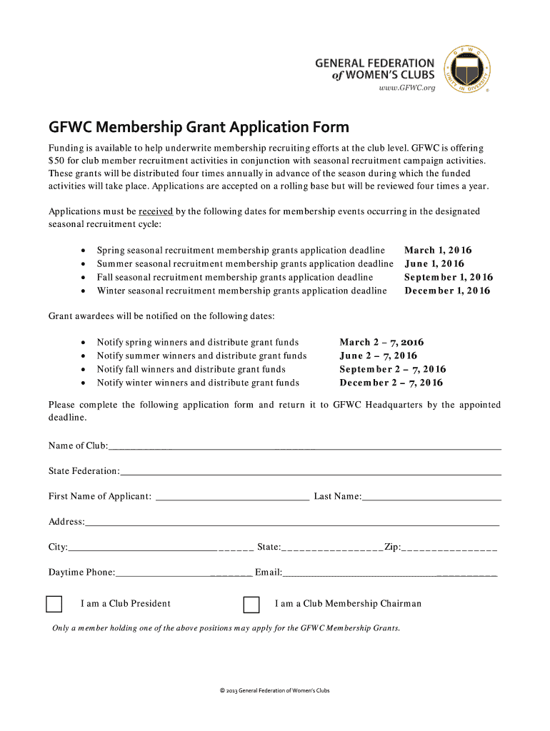 Fillable Online gfwc GFWC Membership Grant Application Form Fax Email ...