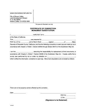 Fillable Online moreno-valley ca CERTIFICATE OF CORRECTION MONUMENT ...