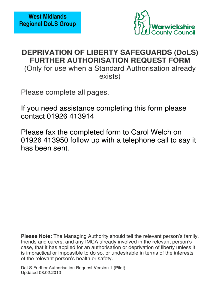 Fillable Online DEPRIVATION OF LIBERTY SAFEGUARDS DoLS FURTHER Fax ...