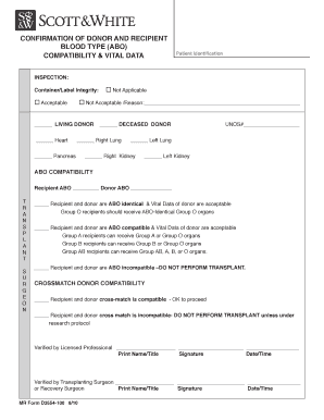 Fillable Online sw CONFIRMATION OF DONOR AND RECIPIENT BLOOD TYPE ABO ...