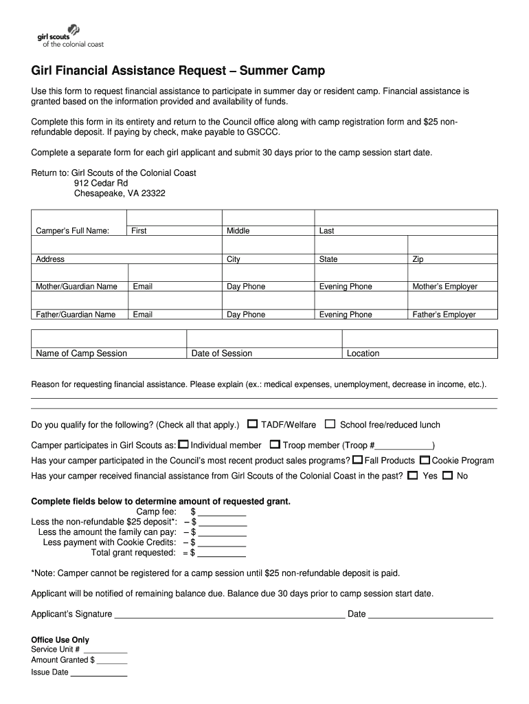 Fillable Online gsccc Girl Financial Assistance Request Summer Camp - gscccorg Fax Email Print ...