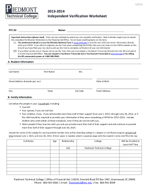 Fillable Online ptc 2013-2014 Independent Verification Worksheet - ptcedu Fax Email Print ...