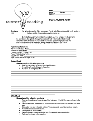 Fillable Online Summer BOOK JOURNAL FORM reading - Arundel High School ...