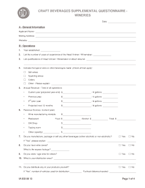 Fillable Online CRAFT BEVERAGES SUPPLEMENTAL QUESTIONNAIRE WINERIES Fax ...