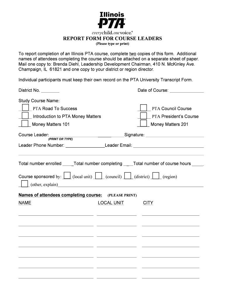 Fillable Online illinoispta REPORT FORM FOR COURSE LEADERS ...