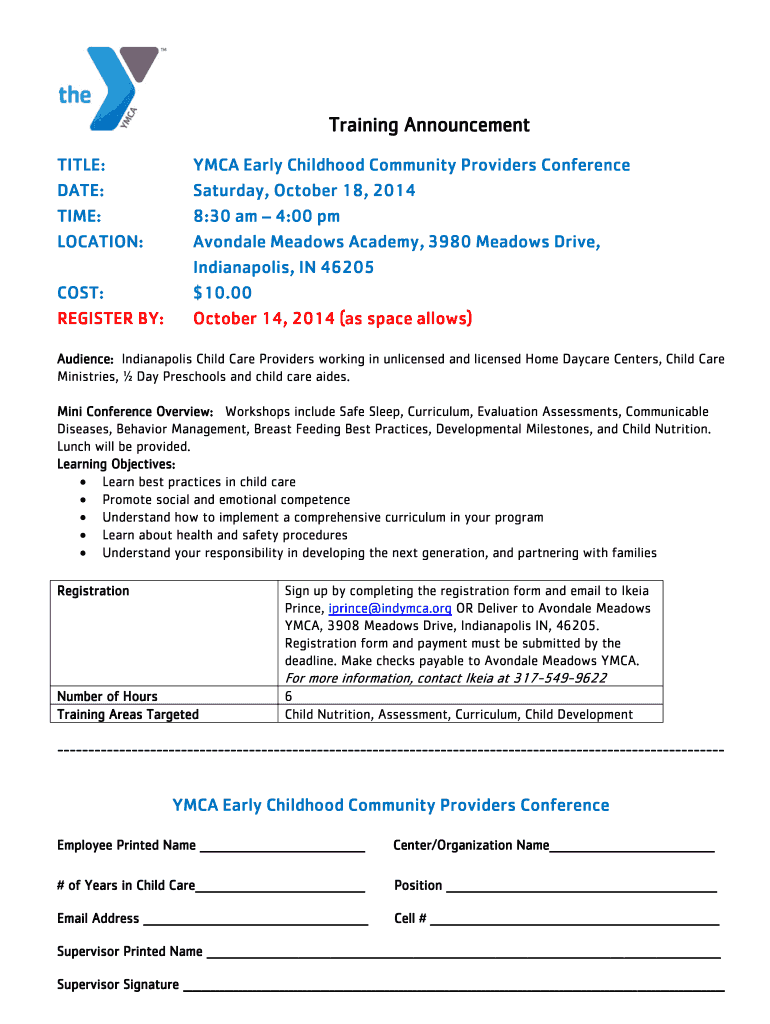 Fillable Online indymca Training Announcement - indymcaorg Fax Email ...