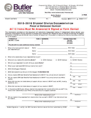 Fillable Online documents butlercc 2015-2016 STUDENT STATUS DOCUMENTATION PROOF OF DEPENDENT Fax ...