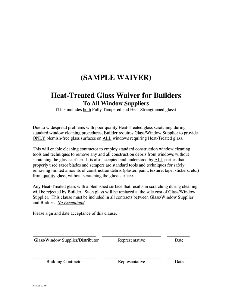 Fillable Online SAMPLE WAIVER Heat-Treated Glass Waiver for Builders ...