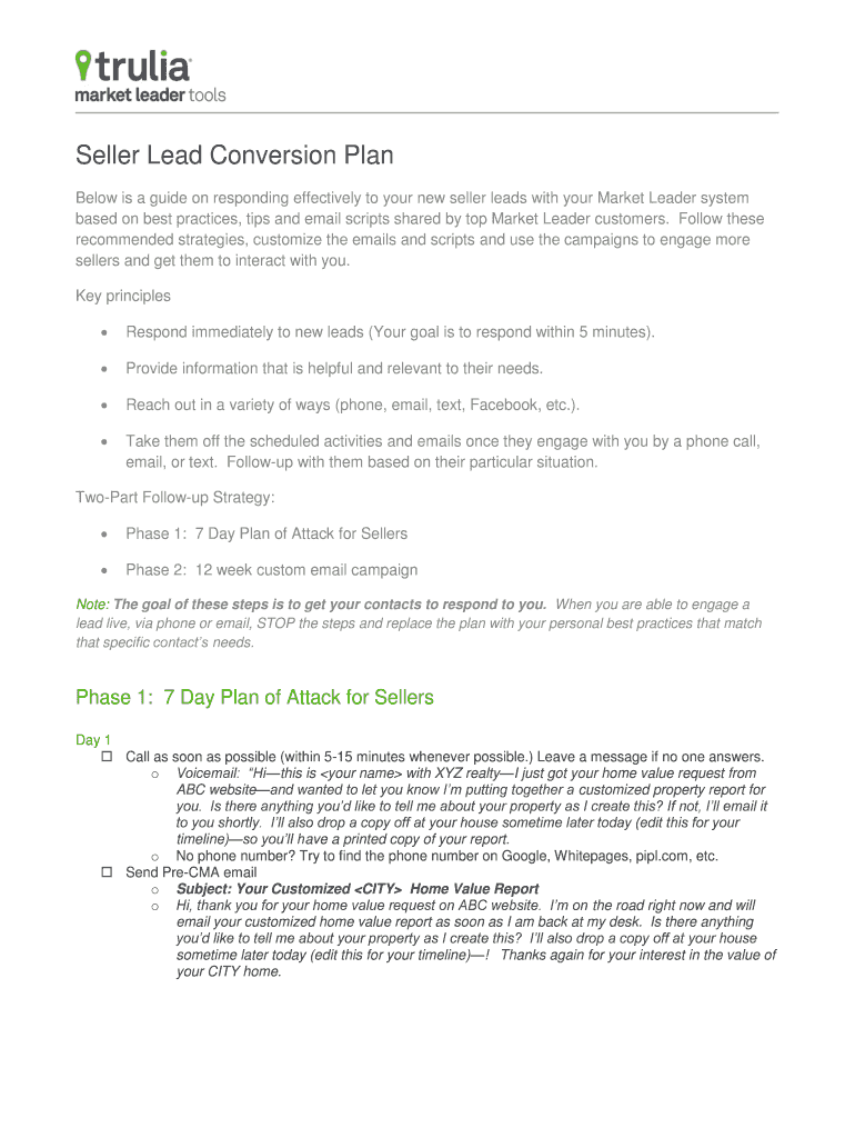 Fillable Online Seller Lead Conversion Plan - Market Leader Fax Email ...
