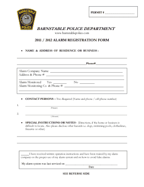 Fillable Online ALARM REGISTRATION FORM - Barnstable Police Department ...