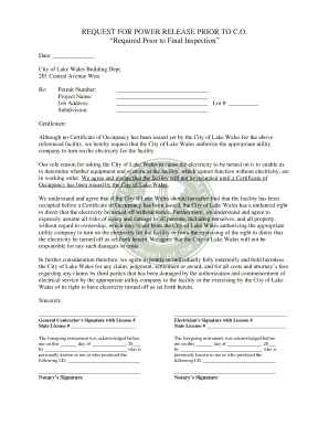 Fillable Online REQUEST FOR POWER RELEASE PRIOR TO CO Fax Email Print ...