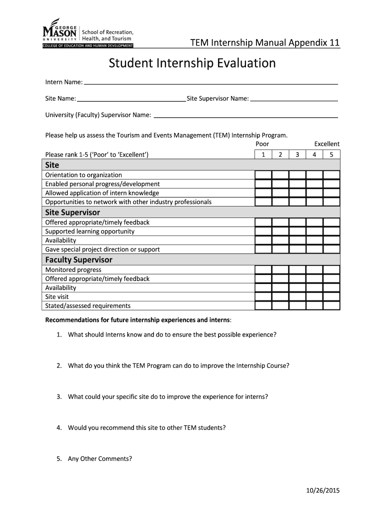 Fillable Online rht gmu Student Internship Evaluation - George Mason ...