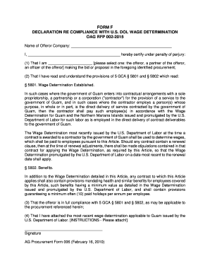 Fillable Online FORM F DECLARATION RE COMPLIANCE WITH US DOL WAGE Fax ...