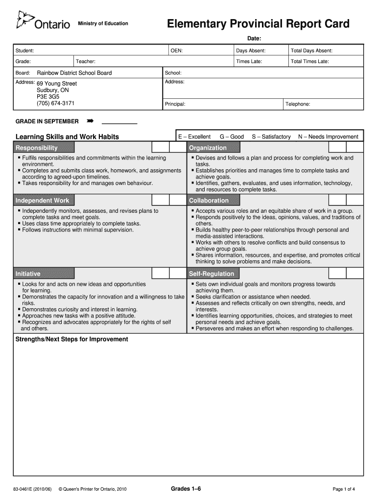 Fillable Online Elementary Provincial Report Card - Rainbow Schools Fax ...
