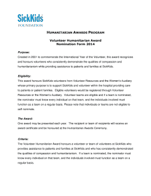 Fillable Online Volunteer Humanitarian Award Nomination Form 2014 Fax ...