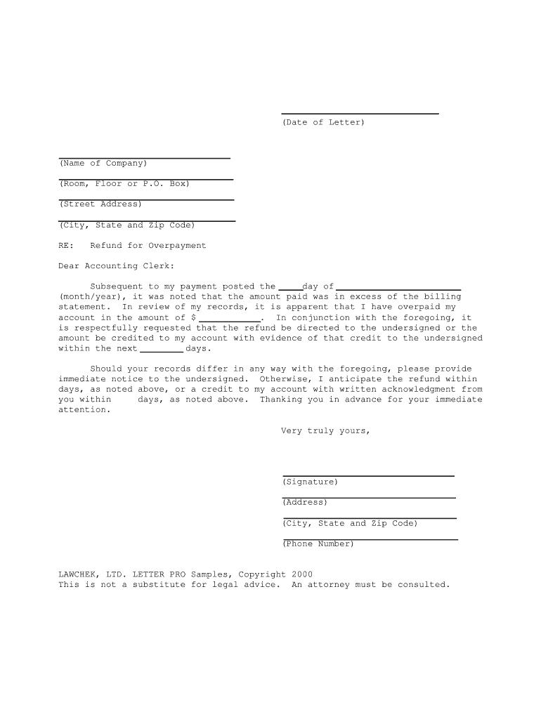 Fillable Online lawchek Refund for Overpayment Fax Email Print - pdfFiller