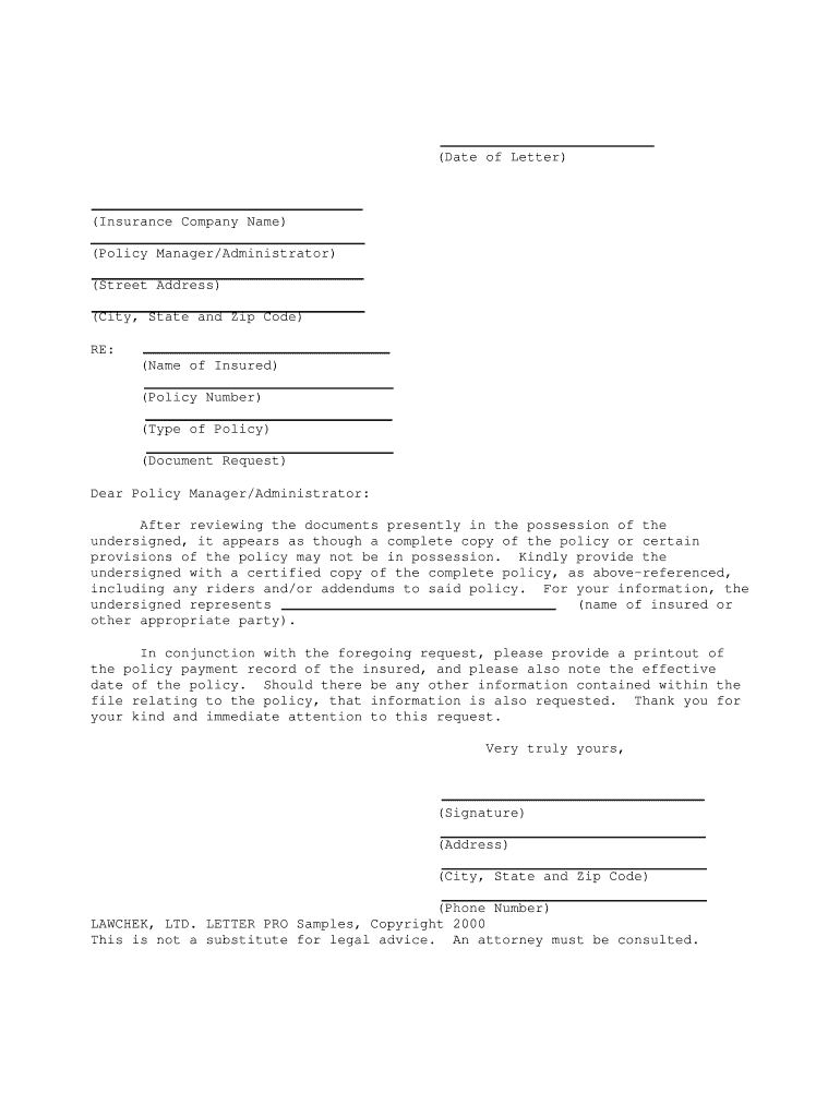 Fillable Online lawchek Date of Letter Insurance Company Name City ...