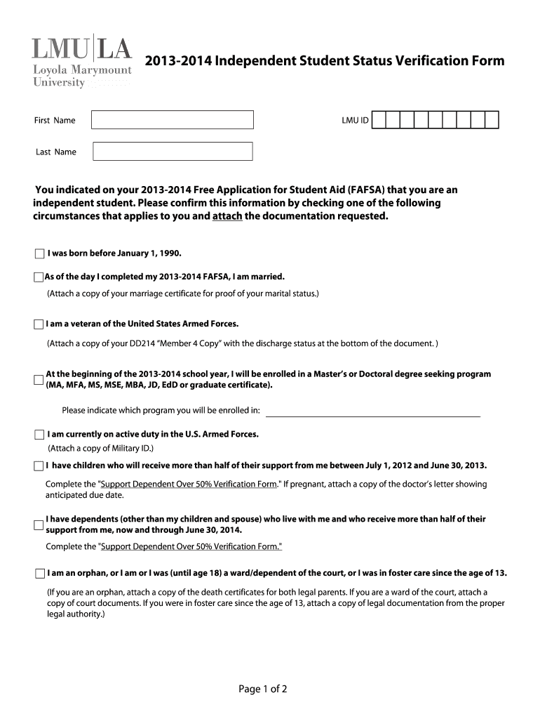 Fillable Online financialaid lmu 2013-2014 Independent Student Status ...