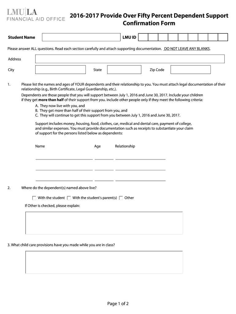 Fillable Online financialaid lmu 2016-2017 Provide Over Fifty Percent ...