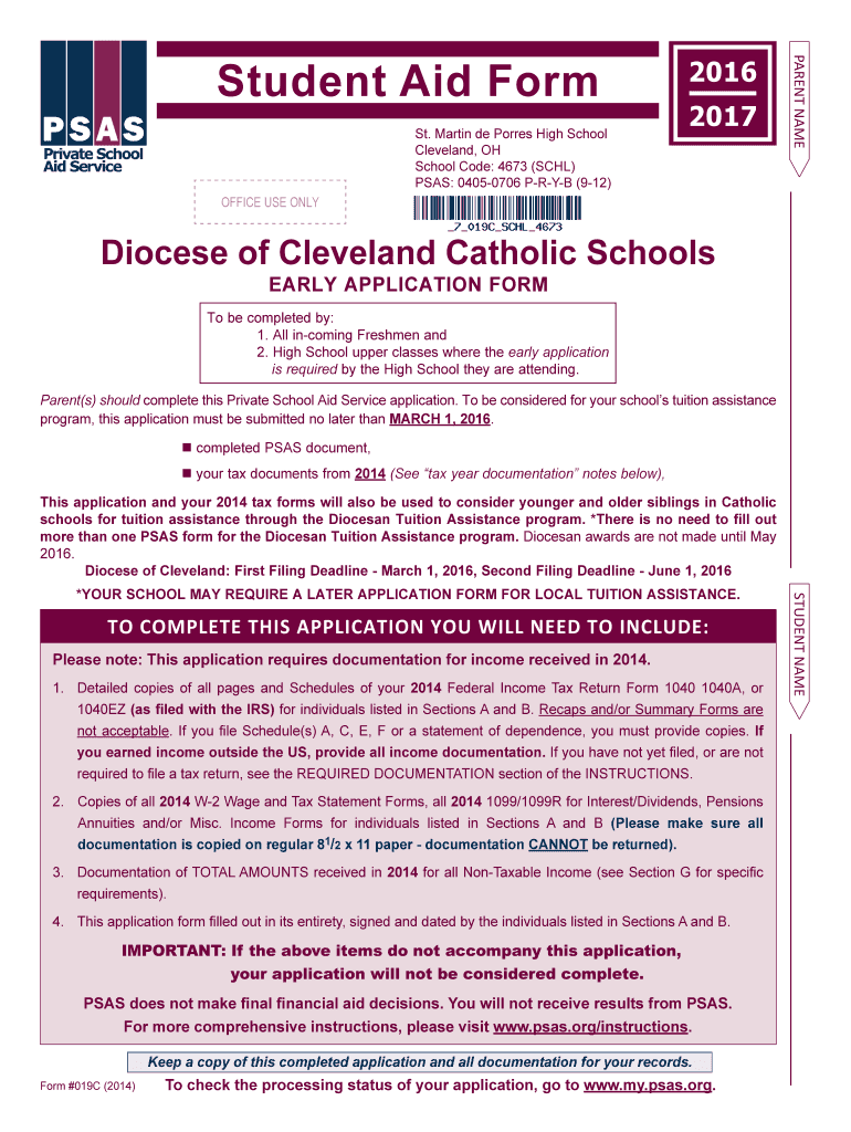 Fillable Online saintmartincleveland Student Aid Form 2016 - St Martin ...