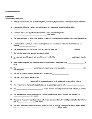 Fillable Online 1st Semester Review Completion Complete each statement ...