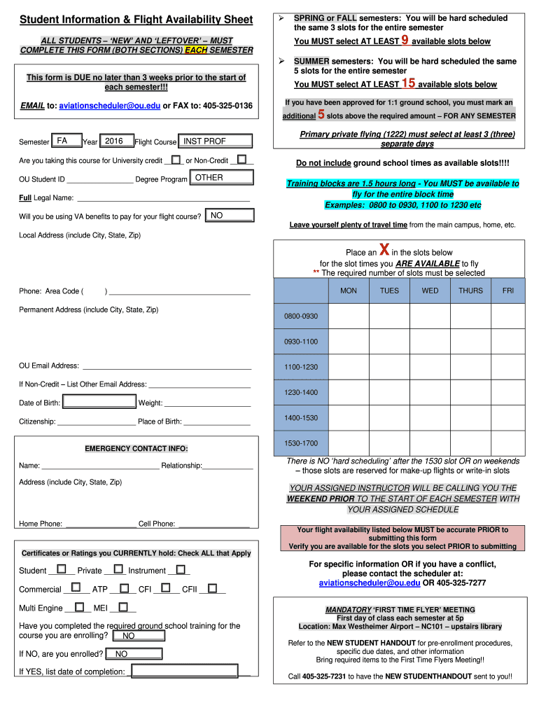 Fillable Online Student Information amp Flight Availability Sheet ...