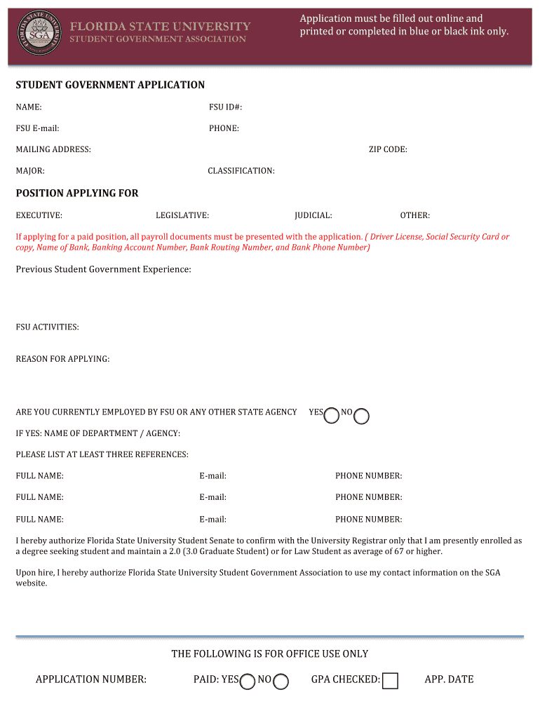 Fillable Online sga fsu STUDENT GOVERNMENT APPLICATIONdocx Fax Email ...
