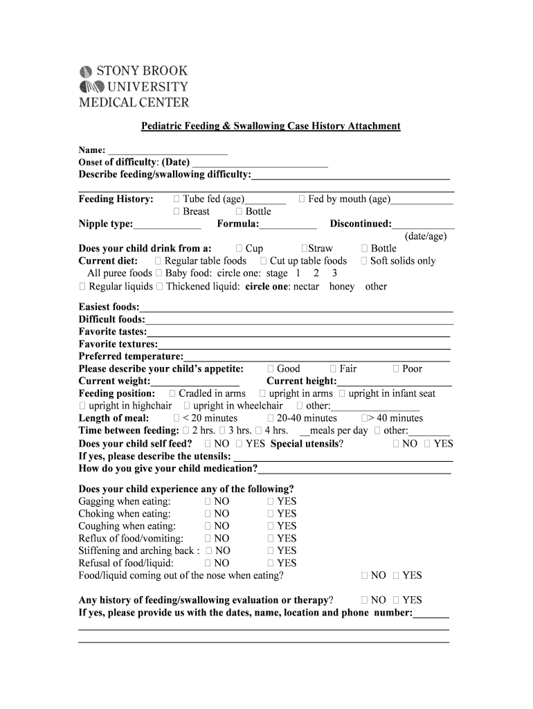 Fillable Online stonybrookmedicalcenter Pediatric Feeding Swallowing ...
