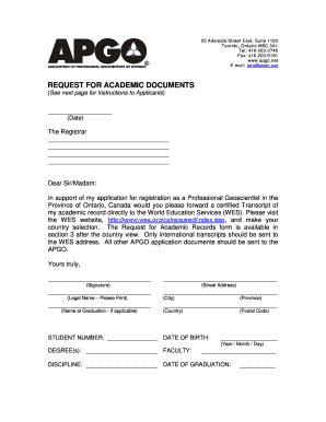 Fillable Online REQUEST FOR ACADEMIC DOCUMENTS - APGO Fax Email Print ...