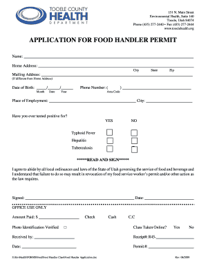 Fillable Online tooelehealth APPLICATION FOR FOOD HANDLER PERMIT ...