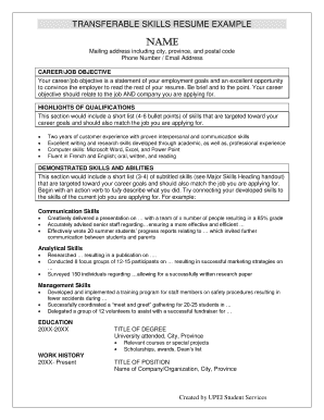 Fillable Online TRANSFERABLE SKILLS RESUME EXAMPLE Fax Email Print ...